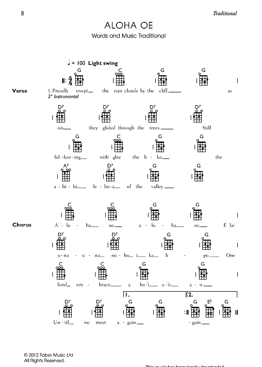 Aloha Oe Ukulele Chord Songbook Pdf Noten Von Traditional In G Dur Fbd 39085