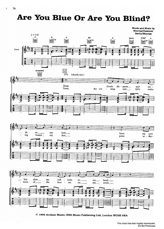 Are You Blue Or Are You Blind Gitarre TAB - PDF Noten von The Bluetones ...
