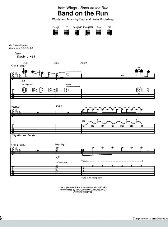 Band On The Run Gitarre Tab Pdf Noten Von Paul Mccartney And Wings In