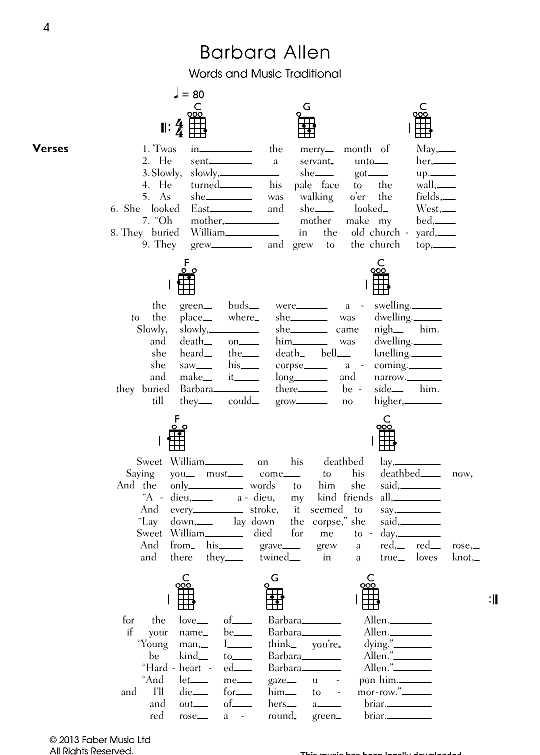 Barbara Allen Ukulele Chord Songbook - PDF Noten von Traditional in C ...