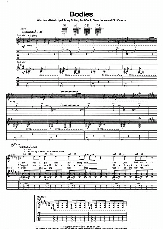 Bodies Gitarre Tab Pdf Noten Von The Sex Pistols In G Dur Fbd 3138