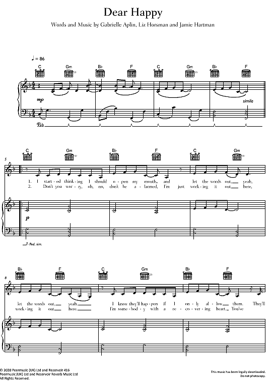 Dear Happy Klavier Gesang And Gitarre Pdf Noten Von Gabrielle Aplin In