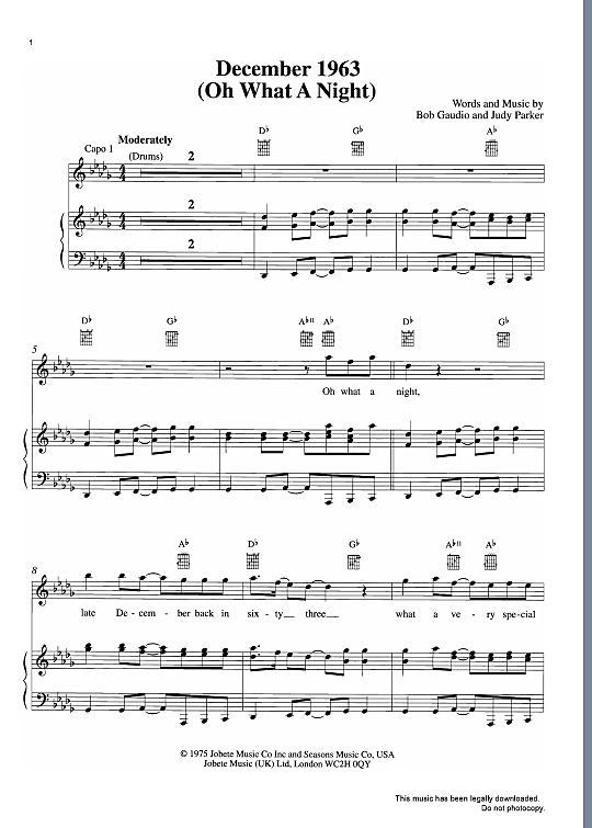 December 1963 Oh What A Night Klavier Gesang And Gitarre Pdf Noten Von
