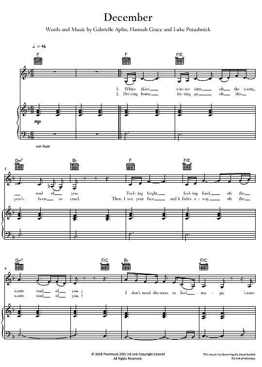 December Klavier Gesang And Gitarre Pdf Noten Von Gabrielle Aplin In F