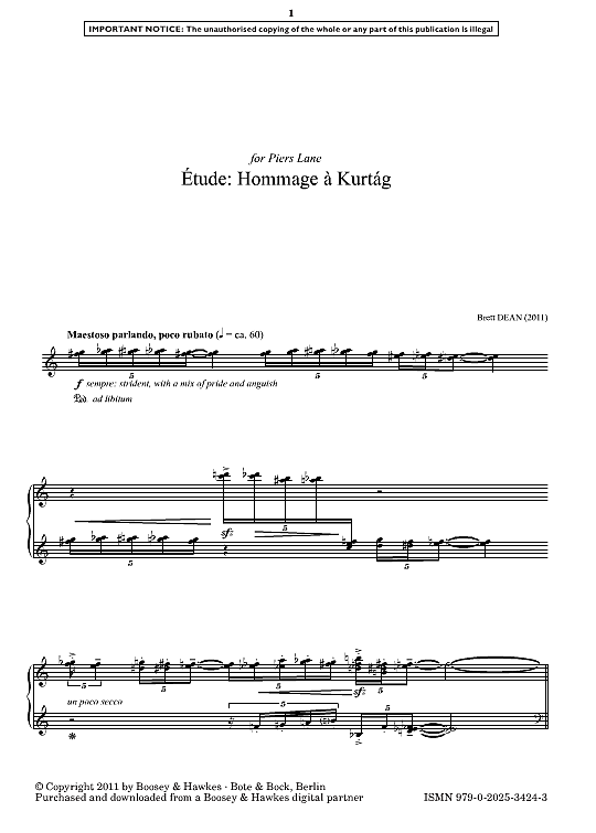 Etude Hommage A Kurtag Klavier Solo Pdf Noten Von Brett Dean In