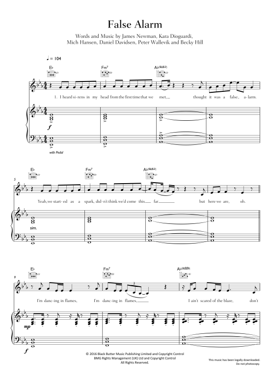 False Alarm Klavier, Gesang & Gitarre - PDF Noten von Becky Hill in Es ...