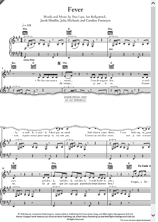 Fever Klavier Gesang And Gitarre Pdf Noten Von Dua Lipa In Fis Moll