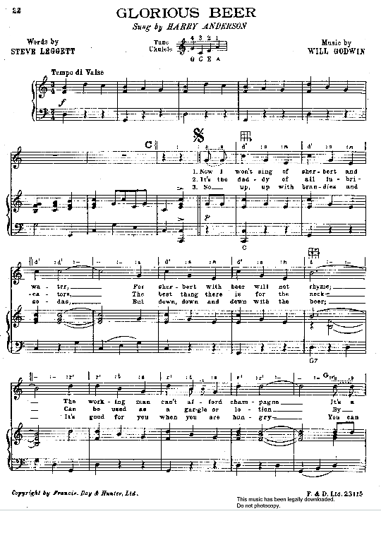 Glorious Beer Klavier & Gesang - PDF Noten von Harry Anderson in C Dur ...