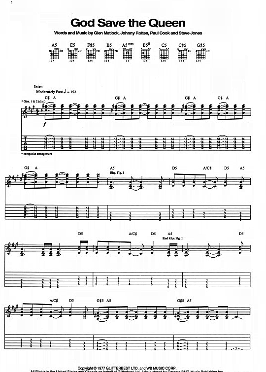 God Save The Queen Gitarre Tab Pdf Noten Von The Sex Pistols In A Dur