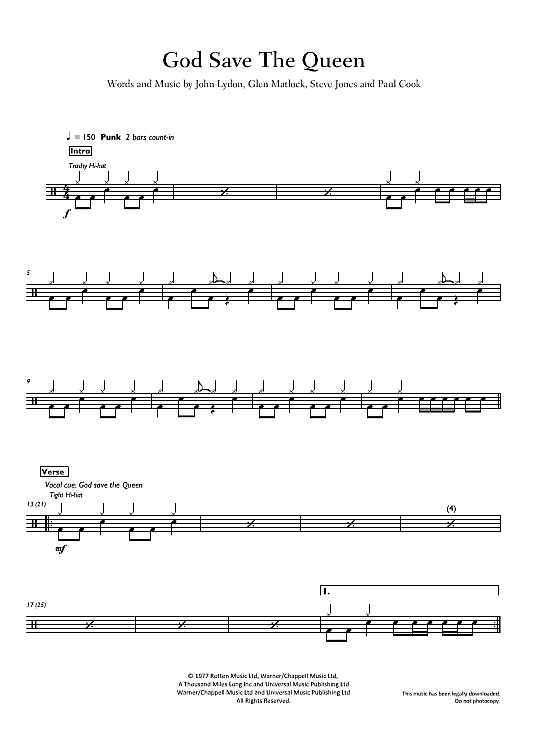 God Save The Queen Schlagzeug Chart Pdf Noten Von The Sex Pistols In