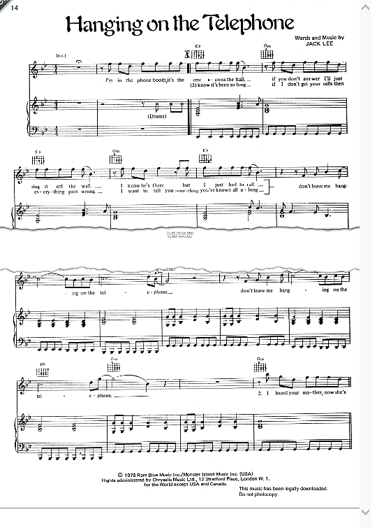 Hanging On The Telephone Klavier Gesang And Gitarre Pdf Noten Von