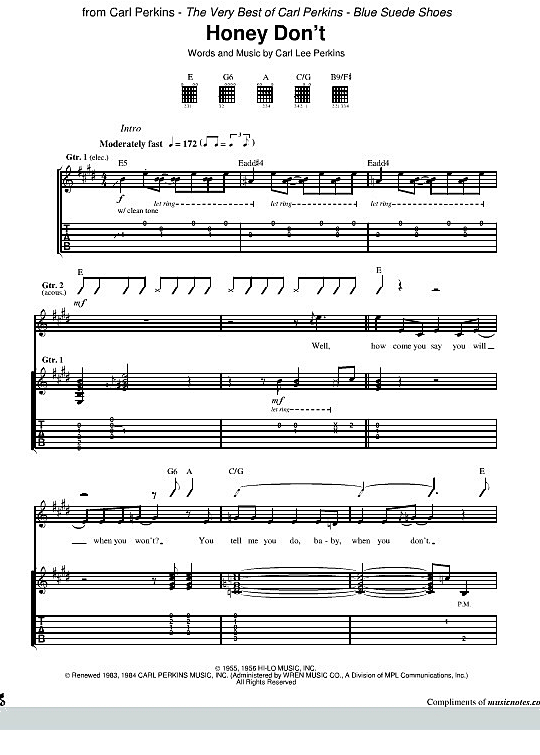 Honey Don T Gitarre Tab Pdf Noten Von Carl Lee Perkins In E Dur Fbd