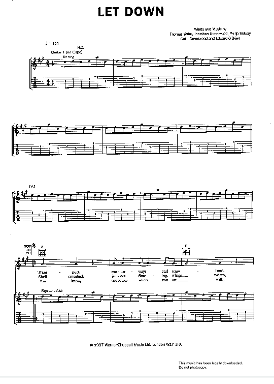 Let Down Gitarre Tab Pdf Noten Von Radiohead In A Dur Fbd 27657