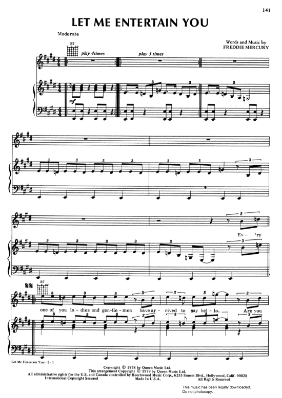 Let Me Entertain You Klavier, Gesang & Gitarre - PDF Noten von Queen in E Dur - fbd-22491