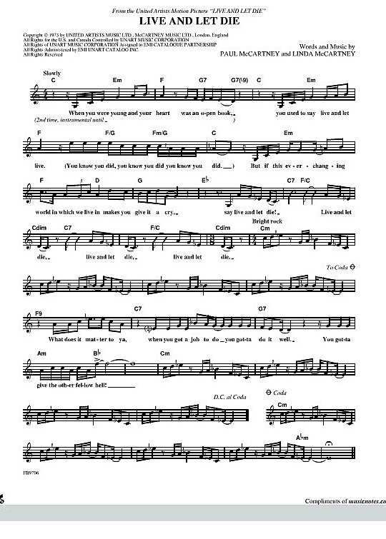 Live And Let Die Melodie And Akkorde Pdf Noten Von Paul Mccartney
