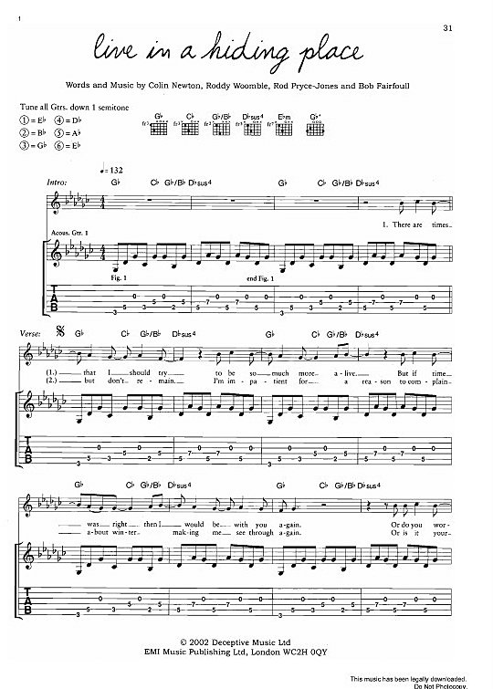 Live In A Hiding Place Gitarre Tab Pdf Noten Von Idlewild In Fbd 2850