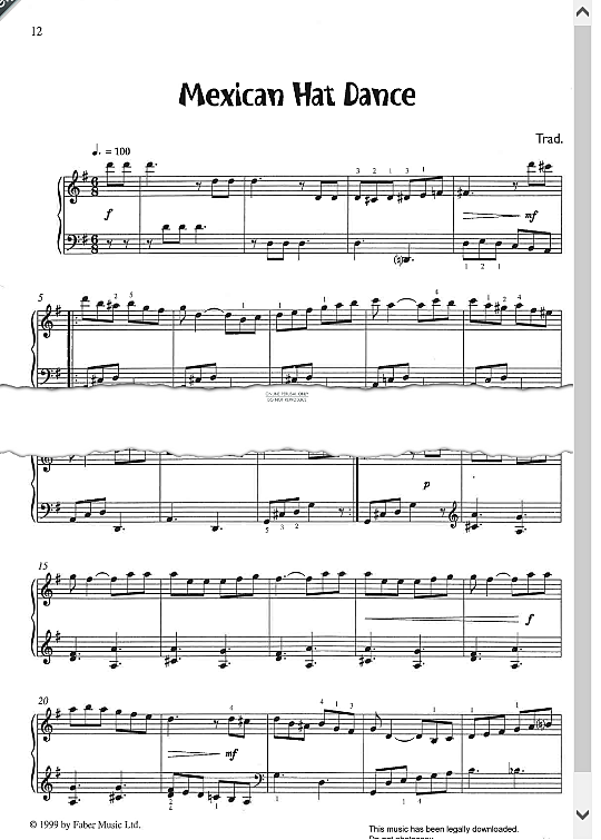 Mexican Hat Dance Klavier Solo - PDF Noten von Mexican Traditional in G Dur - fbd-46481