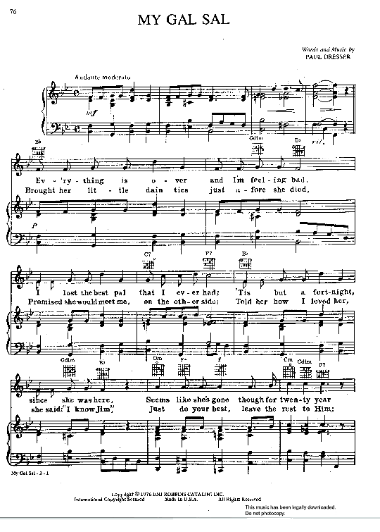 My Gal Sal Klavier Gesang And Gitarre Pdf Noten Von Paul Dresser In B