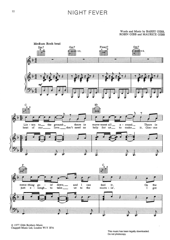 Night Fever Klavier Gesang And Gitarre Pdf Noten Von The Bee Gees In D