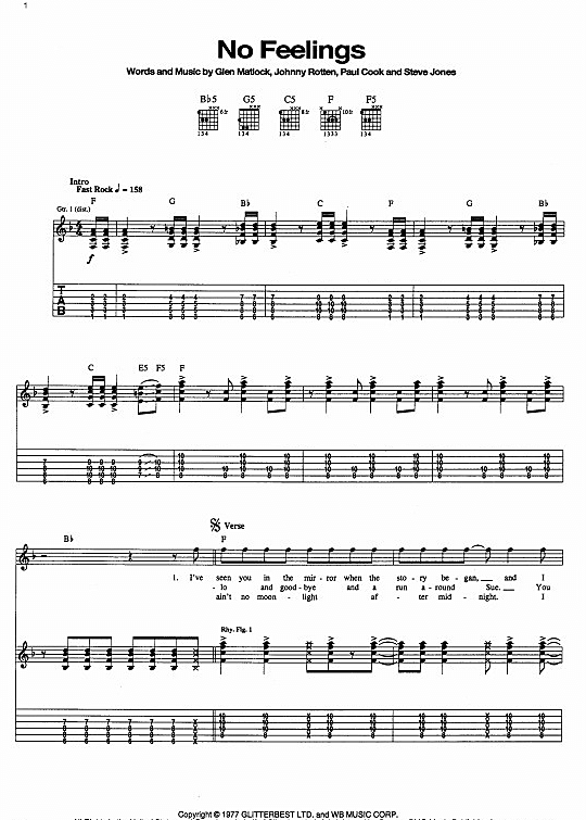 No Feelings Gitarre Tab Pdf Noten Von The Sex Pistols In F Dur Fbd 3133
