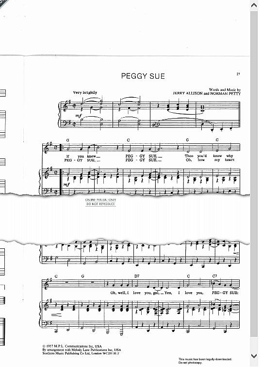 Peggy Sue Klavier Gesang And Gitarre Pdf Noten Von Buddy Holly In G