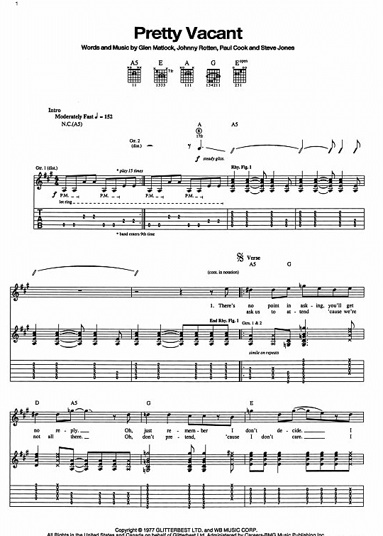 Pretty Vacant Gitarre Tab Pdf Noten Von The Sex Pistols In A Dur Fbd 3129