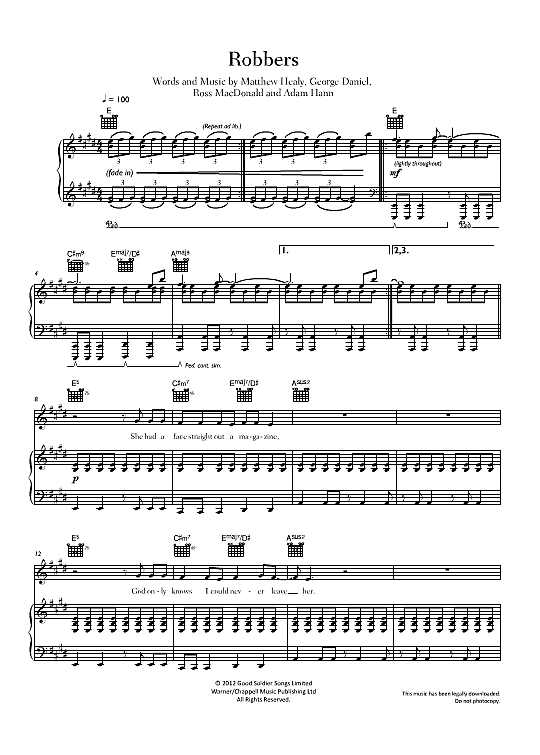 Robbers Klavier, Gesang & Gitarre - PDF Noten von The 1975 in - fbd-23025