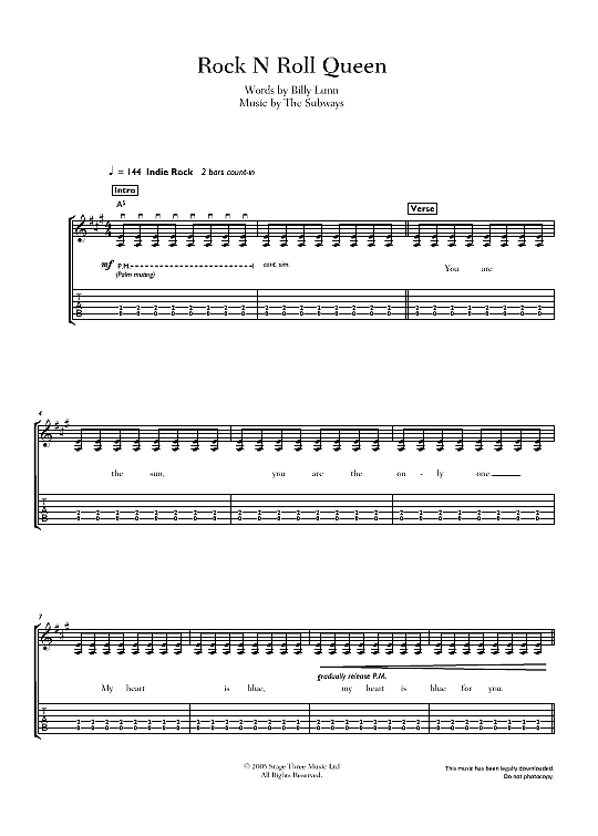 Rock N Roll Queen Easy TAB - PDF Noten von The Subways in A Dur - fbd-18399