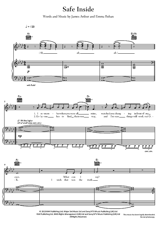 Safe Inside Klavier, Gesang & Gitarre - PDF Noten von James Arthur in ...