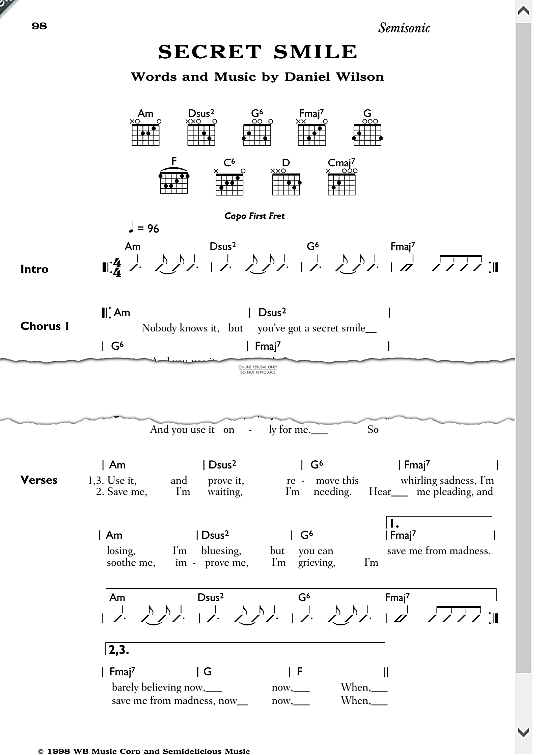 Secret Smile Songbook mit Akkorden - PDF Noten von Semisonic in A Moll ...