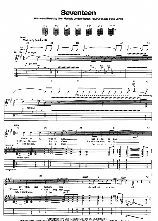 Seventeen Gitarre Tab Pdf Noten Von The Sex Pistols In A Dur Fbd 3135