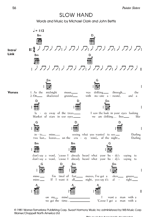 Pointer Sisters Slow Hand Chords