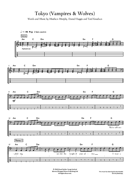 Tokyo Vampires & Wolves Bass Tab - PDF Noten von The Wombats in A Moll ...