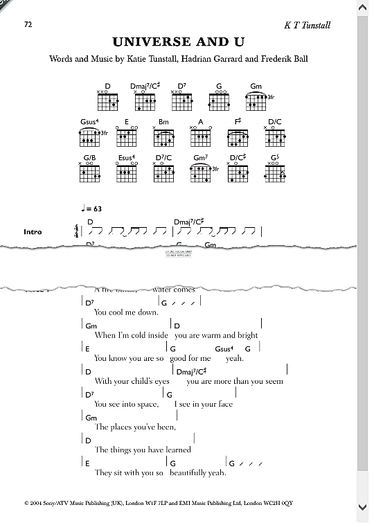 Universe And U Songbook Mit Akkorden Pdf Noten Von Kt Tunstall In D
