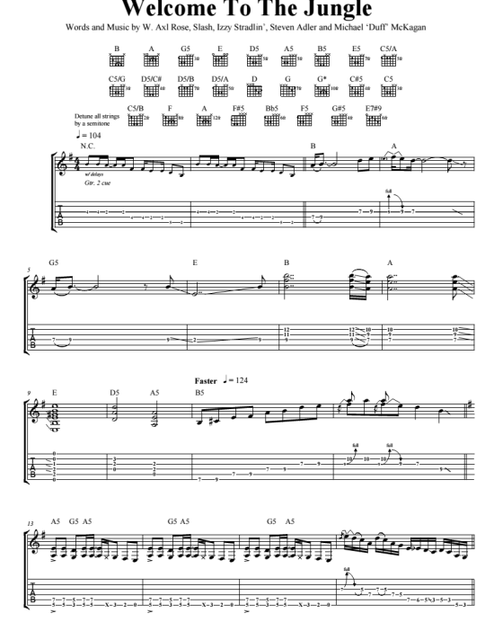 Welcome To The Jungle Gitarre Tab Pdf Noten Von Guns N Roses In G Dur