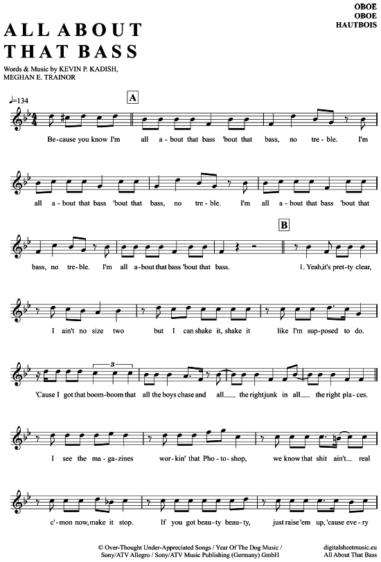 All about that bass Oboe - PDF Noten von Meghan Trainor in B Dur - 7090354