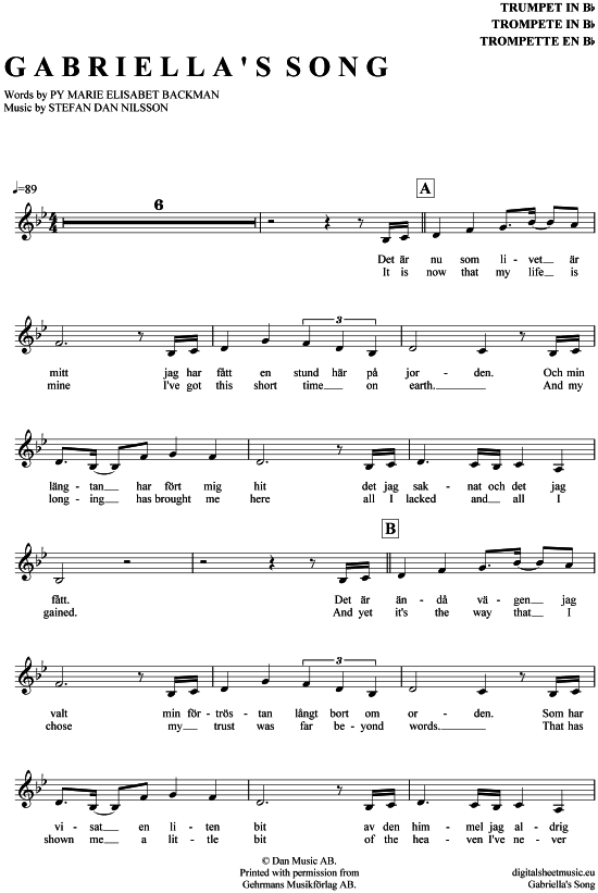 Gabriellas Song Trompete in B - PDF Noten von Helen Sjöholm Filmmusik ...