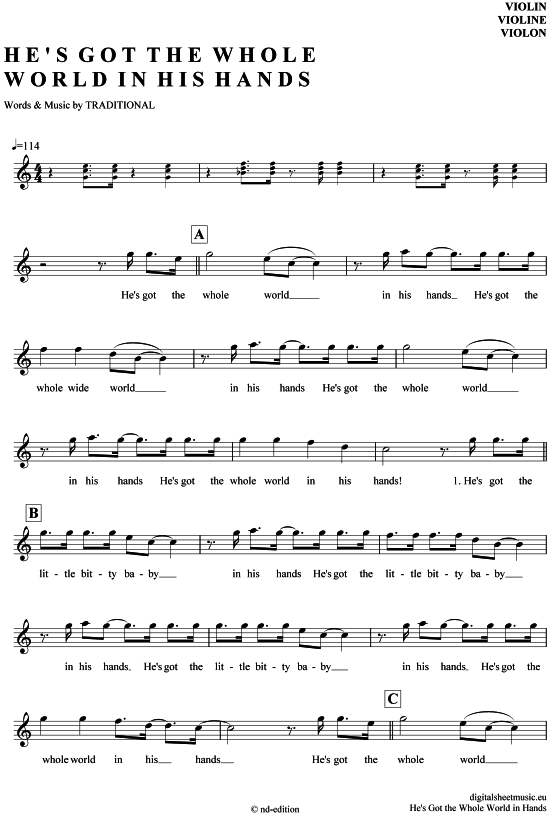 He´s got the whole world in his hands Violine - PDF Noten von American ...