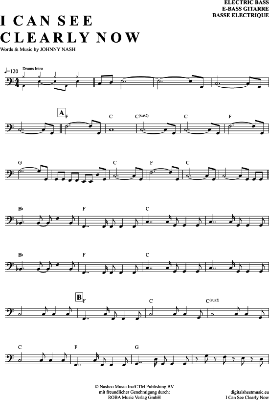 I Can See Clearly Now E-Bass - PDF Noten von Jimmy Cliff in C Dur - 7140607 I Can See Clearly Now E-Bass - PDF Noten von Jimmy Cliff in C Dur - 7140607