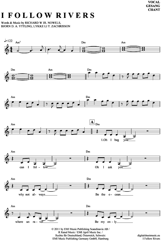 I follow rivers Gesang - PDF Noten von Lykke Li in A Moll - 7040232 I follow rivers Gesang - PDF Noten von Lykke Li in A Moll - 7040232