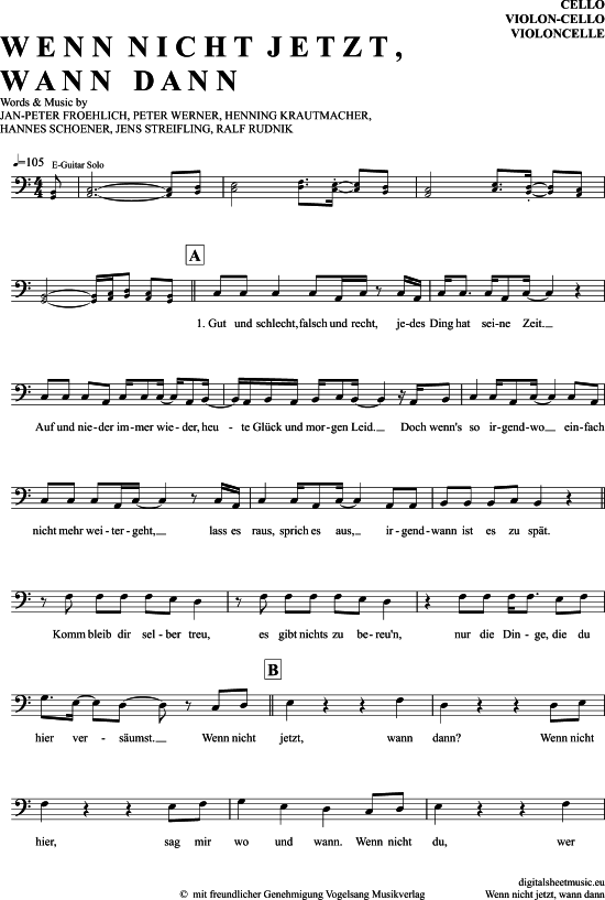 Wenn Nicht Jetzt, Wann Dann Violoncello - PDF Noten von Höhner in A ... Wenn Nicht Jetzt, Wann Dann Violoncello - PDF Noten von Höhner in A ...
