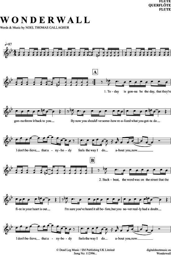 Wonderwall Querflöte - PDF Noten von Oasis in G Moll - 7030661