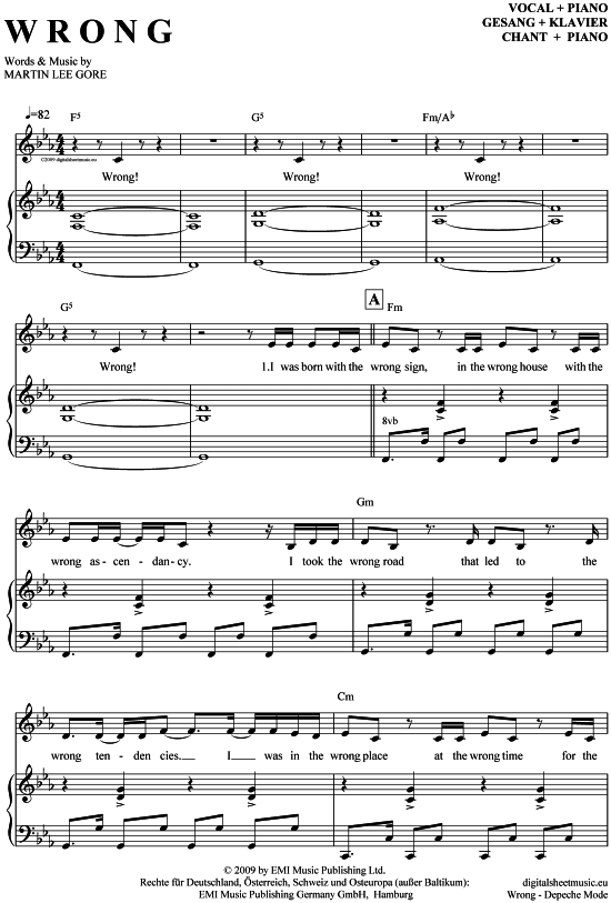 Wrong Klavier+Gesang - PDF Noten von Depeche Mode in C Moll - 7070066