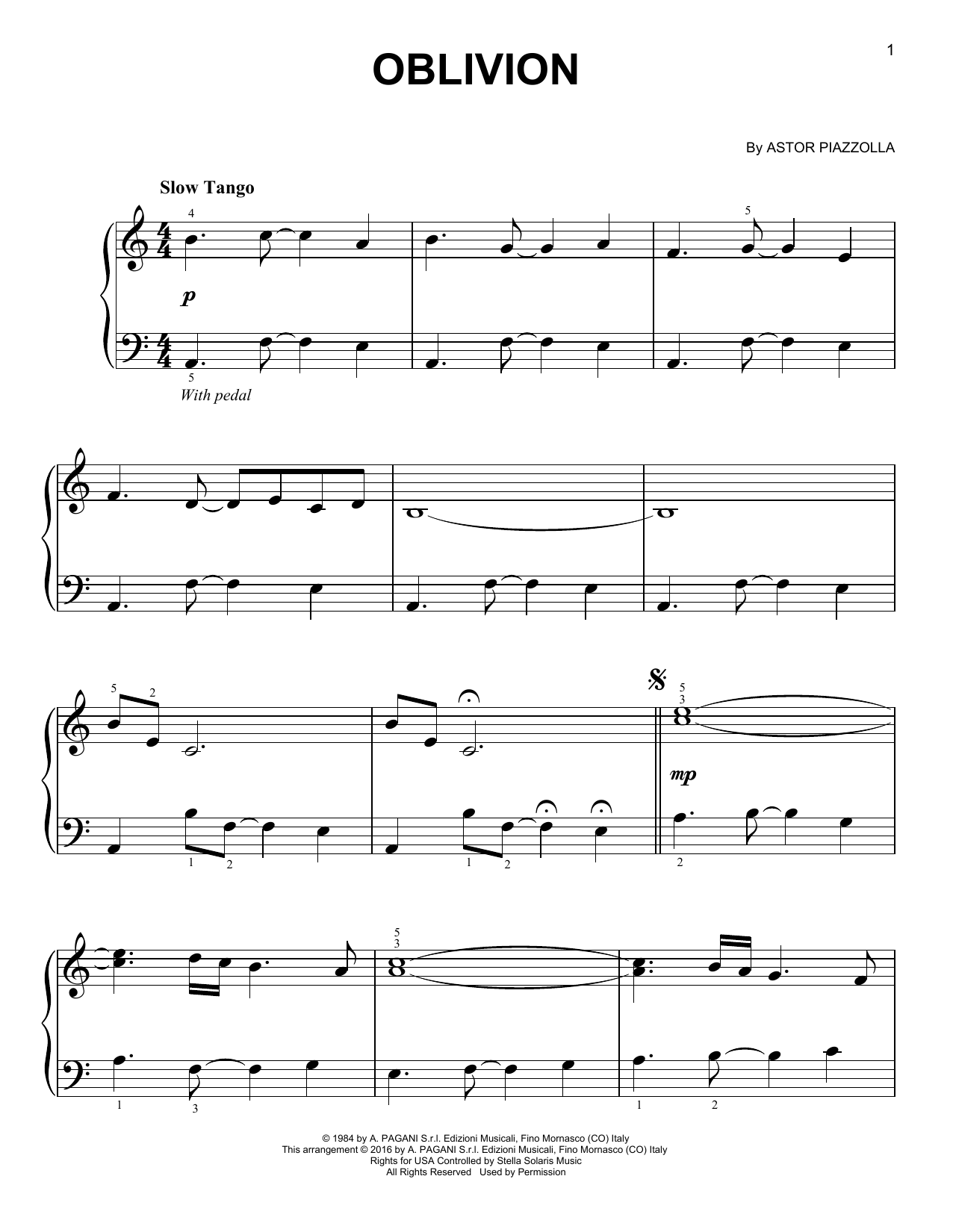 Oblivion (Astor Piazzolla) | Sheet Music: Easy Piano | PDF Download