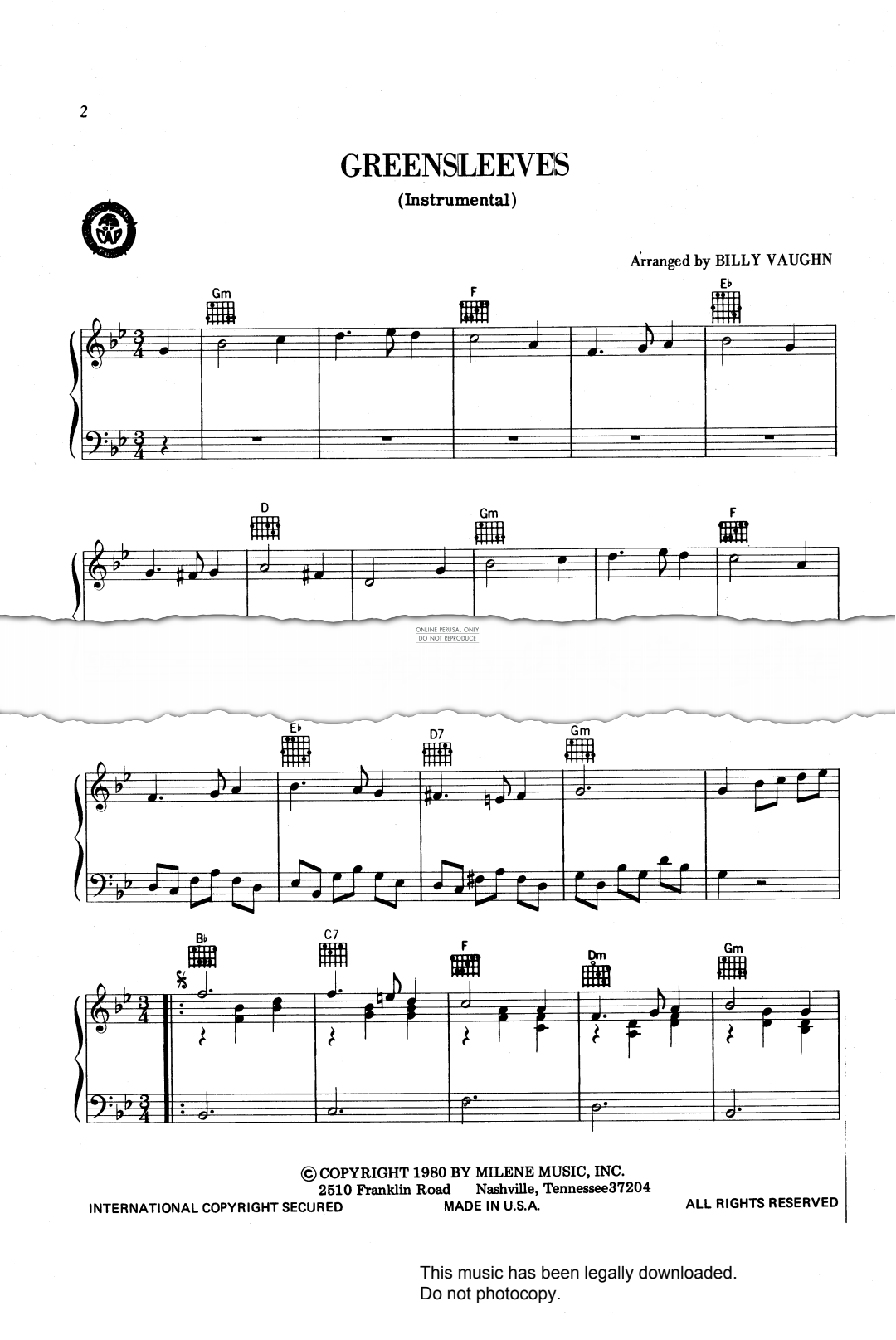 Greensleeves (Billy Vaughn) | Sheet Music: Piano | PDF Download