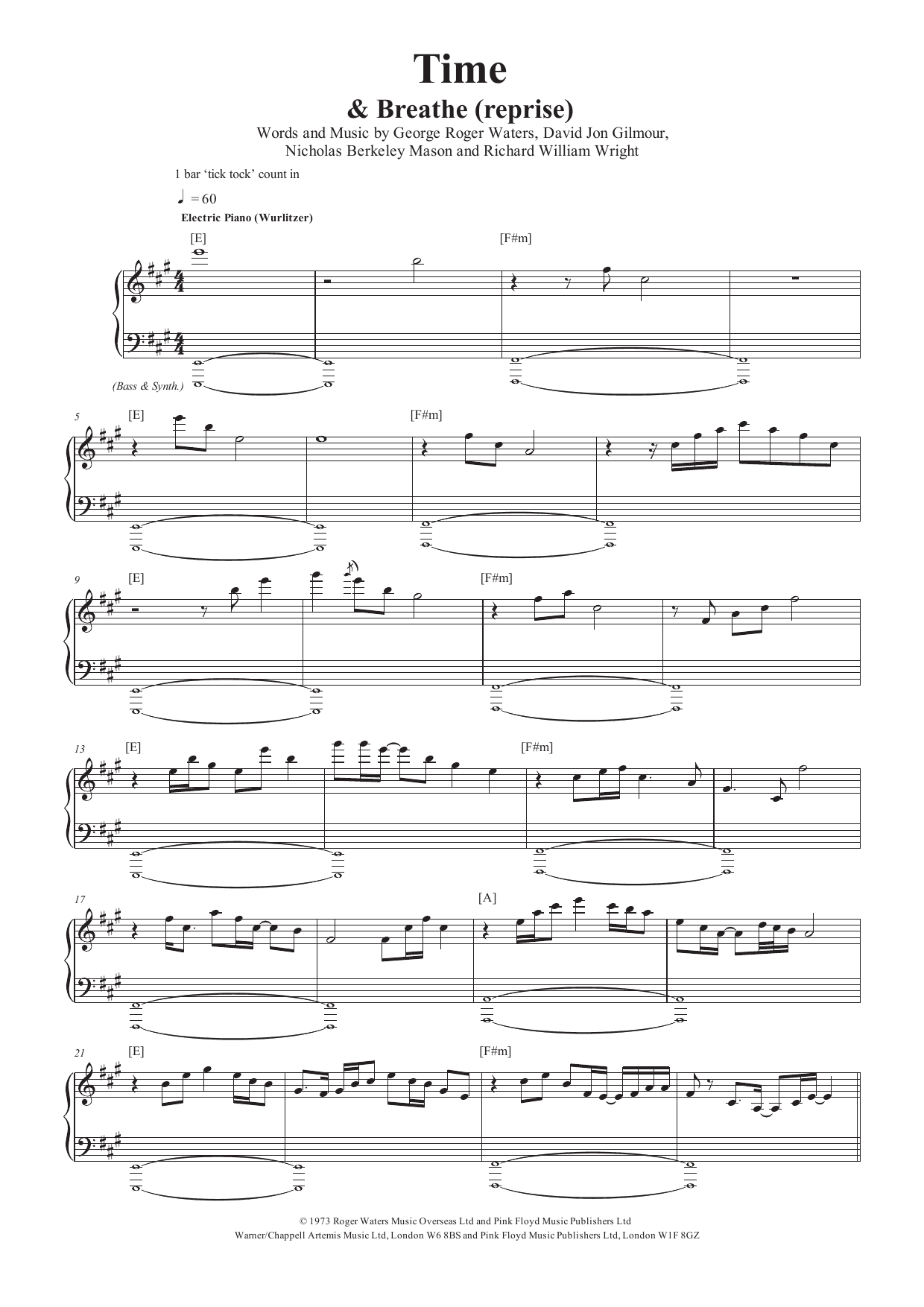 Time (Pink Floyd) | Sheet Music: Piano & Vocal | PDF Download