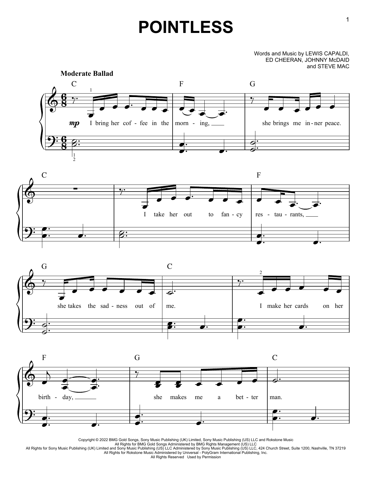 Pointless (Lewis Capaldi) | Sheet Music: Easy Piano | PDF Download
