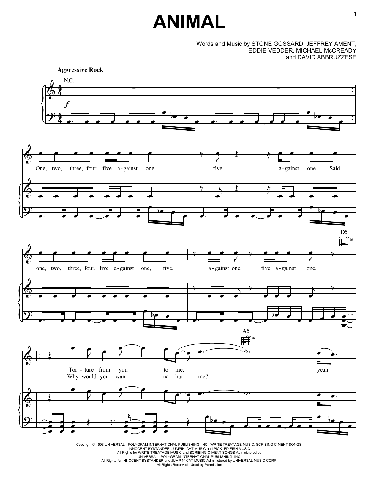 Animal (Pearl Jam) | Sheet Music: Piano, Vocal & Guitar Chords Right ...