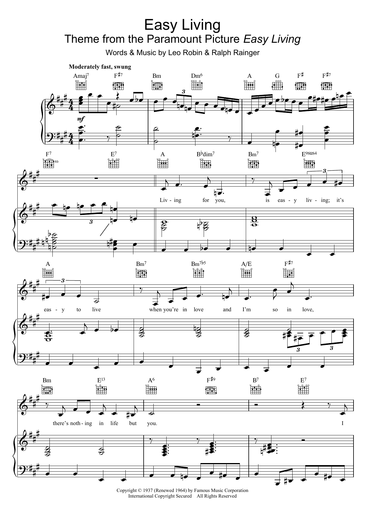 Easy Living (Billie Holiday) | Sheet Music: Piano, Vocal & Guitar ...