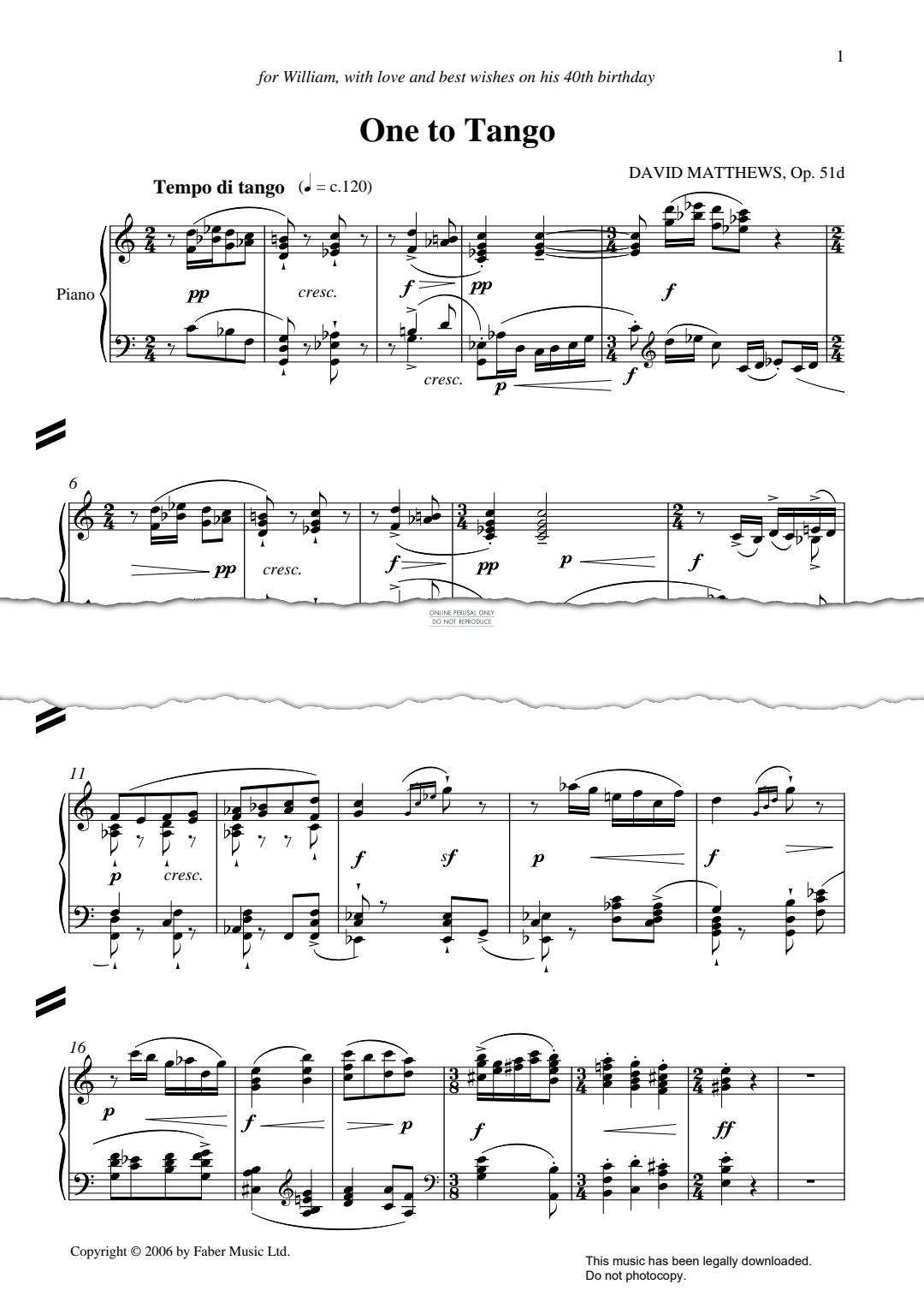 One to Tango (David Matthews) | Sheet Music: Piano | PDF Download